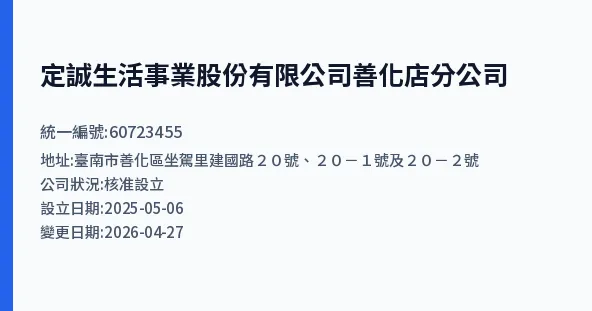 定誠生活事業股份有限公司善化店分公司的照片-統編 60723455(臺南市) 公司登記資料與營業項目詳細圖表