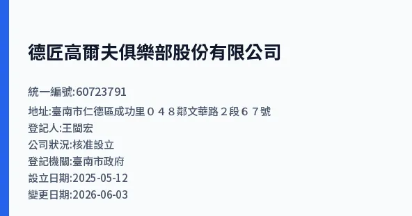 德匠高爾夫俱樂部股份有限公司的照片-統編 60723791(臺南市) 公司登記資料與營業項目詳細圖表