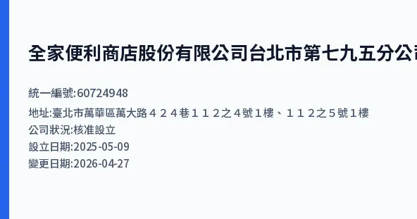 全家便利商店股份有限公司台北市第七九五分公司的照片-統編 60724948(臺北市) 公司登記資料與營業項目詳細圖表