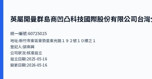英屬開曼群島商凹凸科技國際股份有限公司台灣分公司的照片-統編 60725025(新竹市) 公司登記資料與營業項目詳細圖表