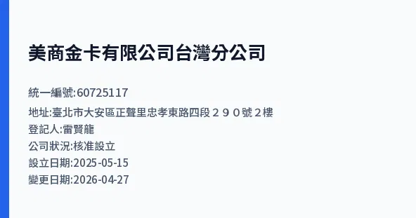 美商金卡有限公司台灣分公司的照片-統編 60725117(臺北市) 公司登記資料與營業項目詳細圖表