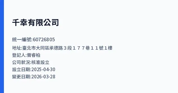 千幸有限公司的照片-統編 60726805(臺北市) 公司登記資料與營業項目詳細圖表