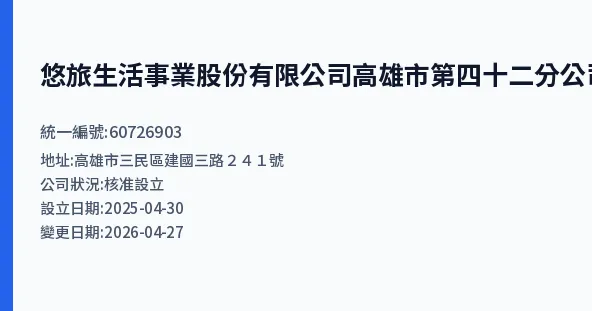 悠旅生活事業股份有限公司高雄市第四十二分公司的照片-統編 60726903(高雄市) 公司登記資料與營業項目詳細圖表