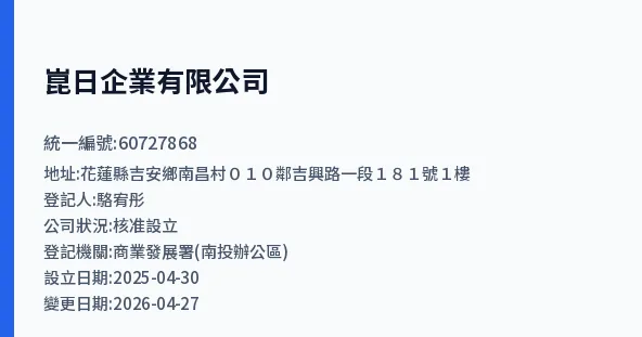 崑日企業有限公司的照片-統編 60727868(花蓮縣) 公司登記資料與營業項目詳細圖表