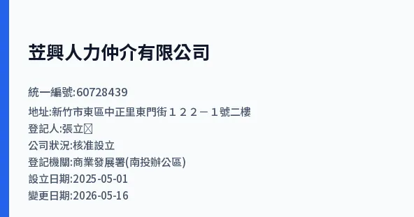 苙興人力仲介有限公司的照片-統編 60728439(新竹市) 公司登記資料與營業項目詳細圖表