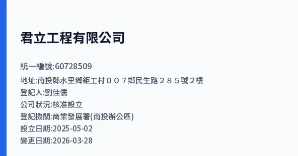 君立工程有限公司的照片-統編 60728509(南投縣) 公司登記資料與營業項目詳細圖表