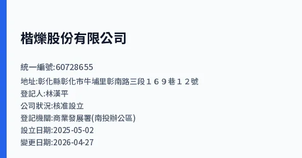 楷爍股份有限公司的照片-統編 60728655(彰化縣) 公司登記資料與營業項目詳細圖表