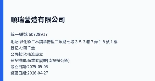 順瑞營造有限公司的照片-統編 60728917(彰化縣) 公司登記資料與營業項目詳細圖表