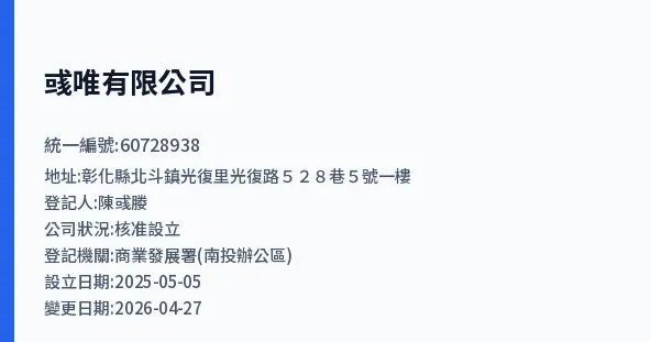 彧唯有限公司的照片-統編 60728938(彰化縣) 公司登記資料與營業項目詳細圖表
