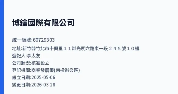 博鑰國際有限公司的照片-統編 60729303(新竹縣) 公司登記資料與營業項目詳細圖表