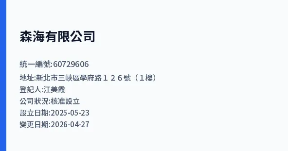 森海有限公司的照片-統編 60729606(新北市) 公司登記資料與營業項目詳細圖表