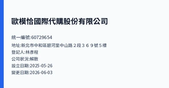 歐模恰國際代購股份有限公司的照片-統編 60729654(新北市) 公司登記資料與營業項目詳細圖表