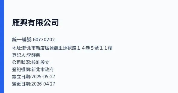 雁興有限公司的照片-統編 60730202(新北市) 公司登記資料與營業項目詳細圖表