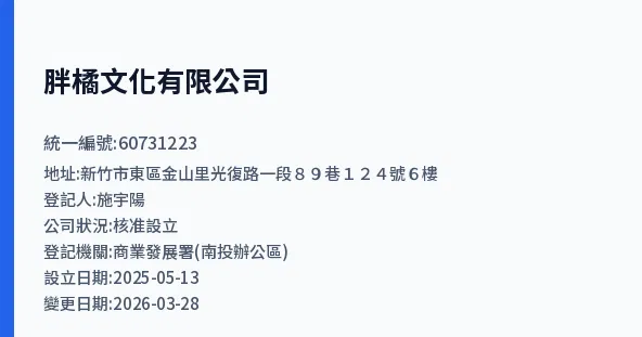 胖橘文化有限公司的照片-統編 60731223(新竹市) 公司登記資料與營業項目詳細圖表