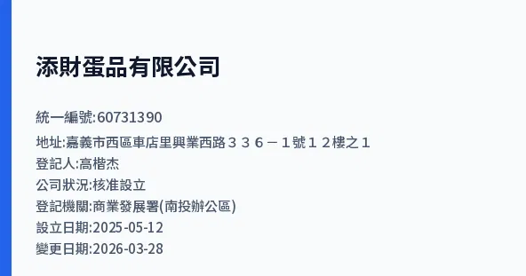 添財蛋品有限公司的照片-統編 60731390(嘉義市) 公司登記資料與營業項目詳細圖表