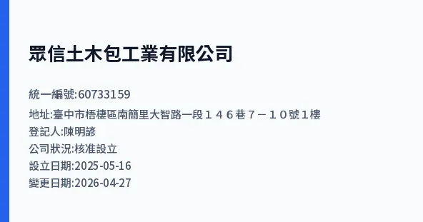 眾信土木包工業有限公司的照片-統編 60733159(臺中市) 公司登記資料與營業項目詳細圖表