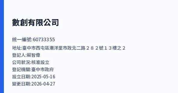 數創有限公司的照片-統編 60733355(臺中市) 公司登記資料與營業項目詳細圖表
