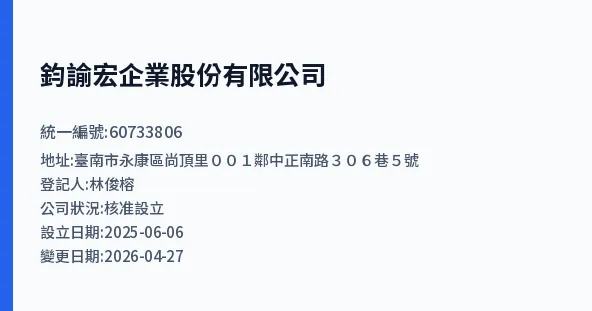 鈞諭宏企業股份有限公司的照片-統編 60733806(臺南市) 公司登記資料與營業項目詳細圖表
