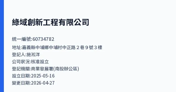 綠域創新工程有限公司的照片-統編 60734782(嘉義縣) 公司登記資料與營業項目詳細圖表