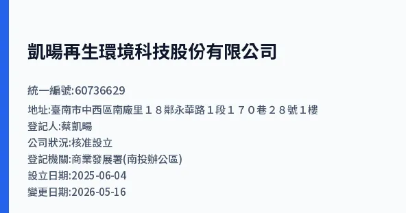 凱暘再生環境科技股份有限公司的照片-統編 60736629(臺南市) 公司登記資料與營業項目詳細圖表