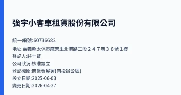 強宇小客車租賃股份有限公司的照片-統編 60736682(嘉義縣) 公司登記資料與營業項目詳細圖表