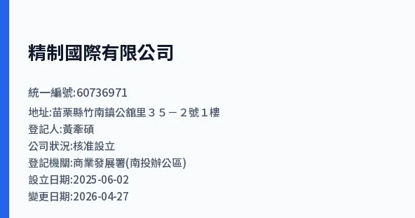 精制國際有限公司的照片-統編 60736971(苗栗縣) 公司登記資料與營業項目詳細圖表