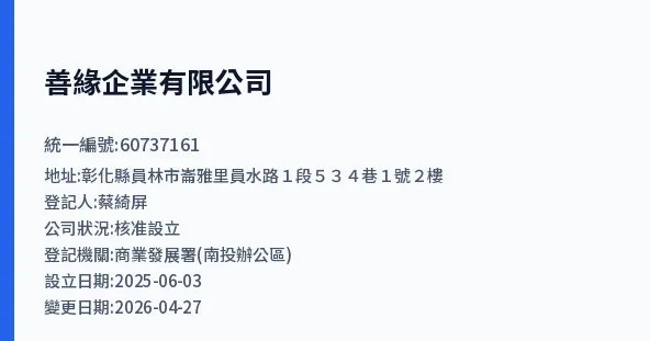 善緣企業有限公司的照片-統編 60737161(彰化縣) 公司登記資料與營業項目詳細圖表