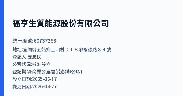 福亨生質能源股份有限公司的照片-統編 60737253(宜蘭縣) 公司登記資料與營業項目詳細圖表
