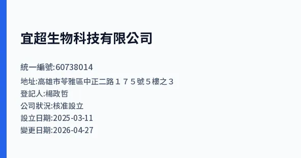 宜超生物科技有限公司的照片-統編 60738014(高雄市) 公司登記資料與營業項目詳細圖表