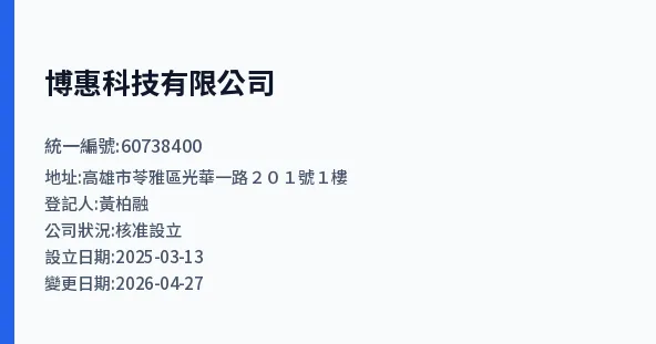 博惠科技有限公司的照片-統編 60738400(高雄市) 公司登記資料與營業項目詳細圖表