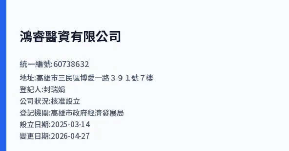 鴻睿醫資有限公司的照片-統編 60738632(高雄市) 公司登記資料與營業項目詳細圖表