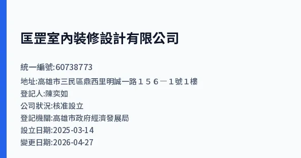 匡罡室內裝修設計有限公司的照片-統編 60738773(高雄市) 公司登記資料與營業項目詳細圖表