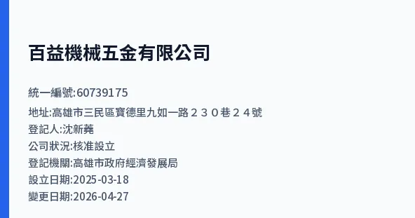 百益機械五金有限公司的照片-統編 60739175(高雄市) 公司登記資料與營業項目詳細圖表
