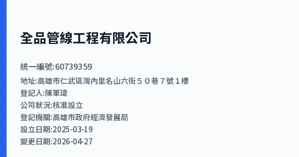 全品管線工程有限公司的照片-統編 60739359(高雄市) 公司登記資料與營業項目詳細圖表