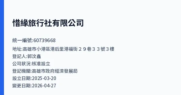 惜緣旅行社有限公司的照片-統編 60739668(高雄市) 公司登記資料與營業項目詳細圖表