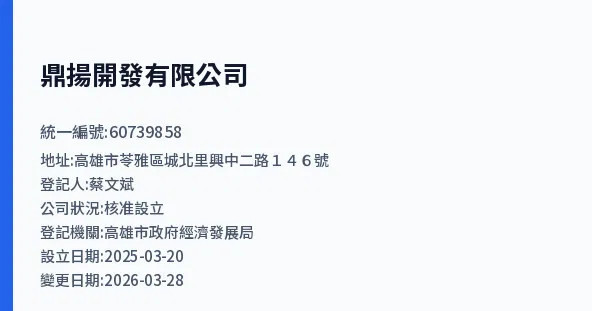 鼎揚開發有限公司的照片-統編 60739858(高雄市) 公司登記資料與營業項目詳細圖表