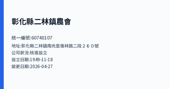 彰化縣二林鎮農會的照片-統編 60740107(彰化縣) 公司登記資料與營業項目詳細圖表