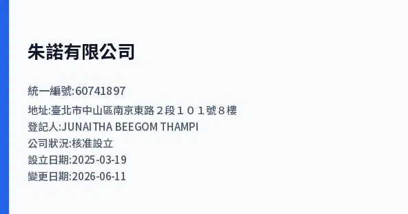 朱諾有限公司的照片-統編 60741897(臺北市) 公司登記資料與營業項目詳細圖表