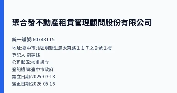 聚合發不動產租賃管理顧問股份有限公司的照片-統編 60743115(臺中市) 公司登記資料與營業項目詳細圖表