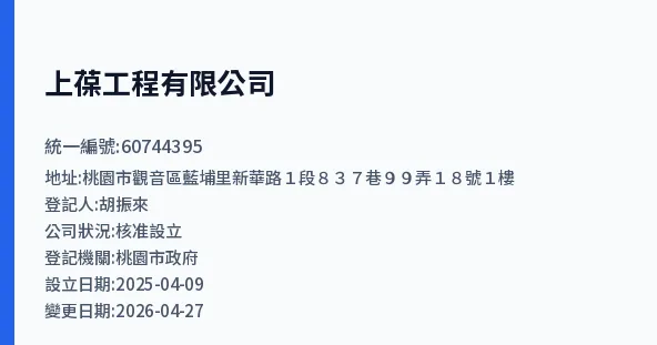 上葆工程有限公司的照片-統編 60744395(桃園市) 公司登記資料與營業項目詳細圖表