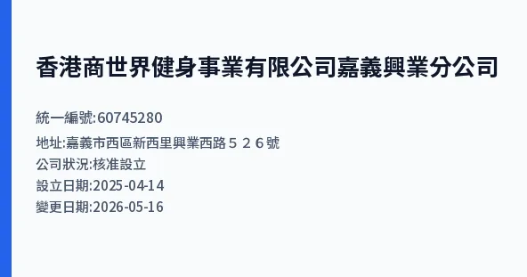 香港商世界健身事業有限公司嘉義興業分公司的照片-統編 60745280(嘉義市) 公司登記資料與營業項目詳細圖表