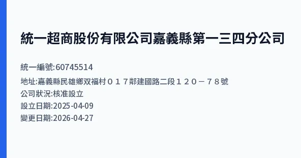 統一超商股份有限公司嘉義縣第一三四分公司的照片-統編 60745514(嘉義縣) 公司登記資料與營業項目詳細圖表