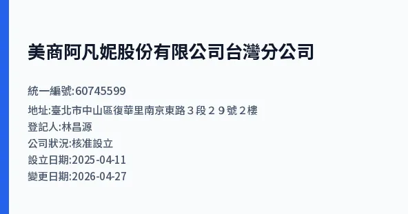 美商阿凡妮股份有限公司台灣分公司的照片-統編 60745599(臺北市) 公司登記資料與營業項目詳細圖表