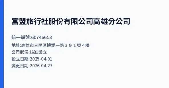 富盟旅行社股份有限公司高雄分公司的照片-統編 60746653(高雄市) 公司登記資料與營業項目詳細圖表