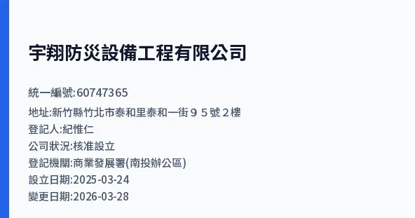 宇翔防災設備工程有限公司的照片-統編 60747365(新竹縣) 公司登記資料與營業項目詳細圖表