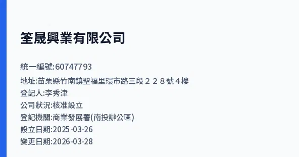 筌晟興業有限公司的照片-統編 60747793(苗栗縣) 公司登記資料與營業項目詳細圖表