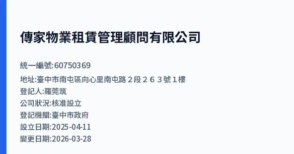 傳家物業租賃管理顧問有限公司的照片-統編 60750369(臺中市) 公司登記資料與營業項目詳細圖表