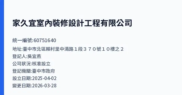 家久宜室內裝修設計工程有限公司的照片-統編 60751640(臺中市) 公司登記資料與營業項目詳細圖表