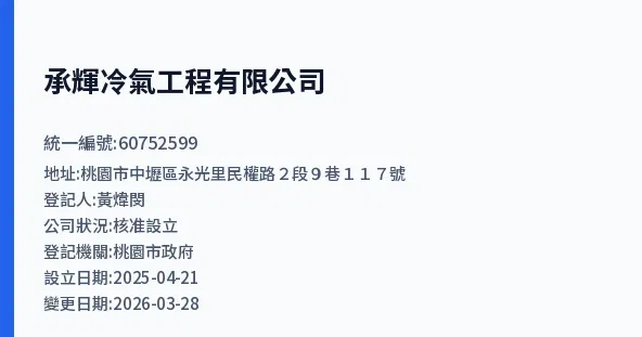 承輝冷氣工程有限公司的照片-統編 60752599(桃園市) 公司登記資料與營業項目詳細圖表