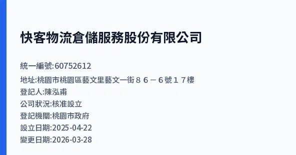 快客物流倉儲服務股份有限公司的照片-統編 60752612(桃園市) 公司登記資料與營業項目詳細圖表